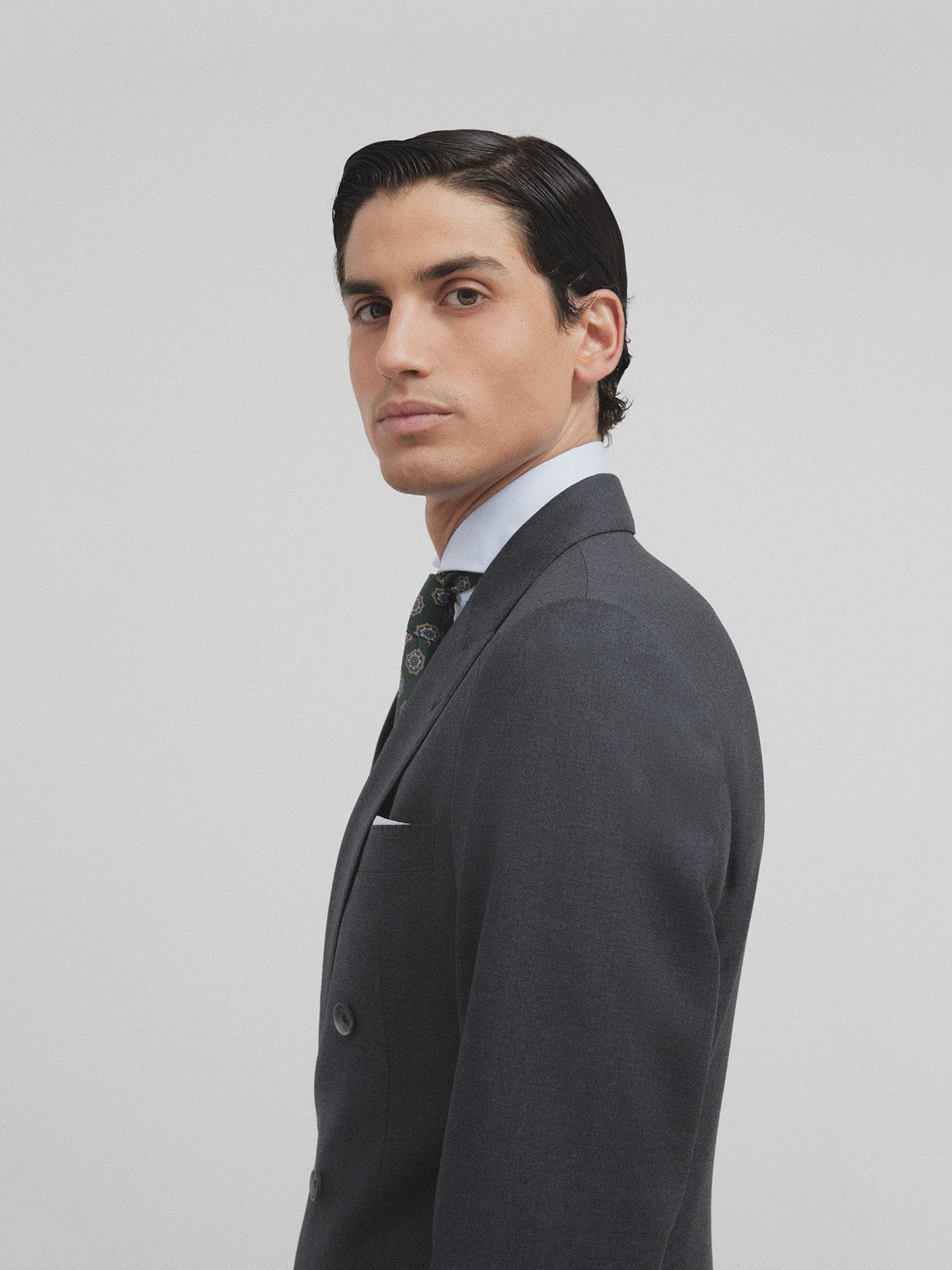 Gray stretch double-breasted suit jacket