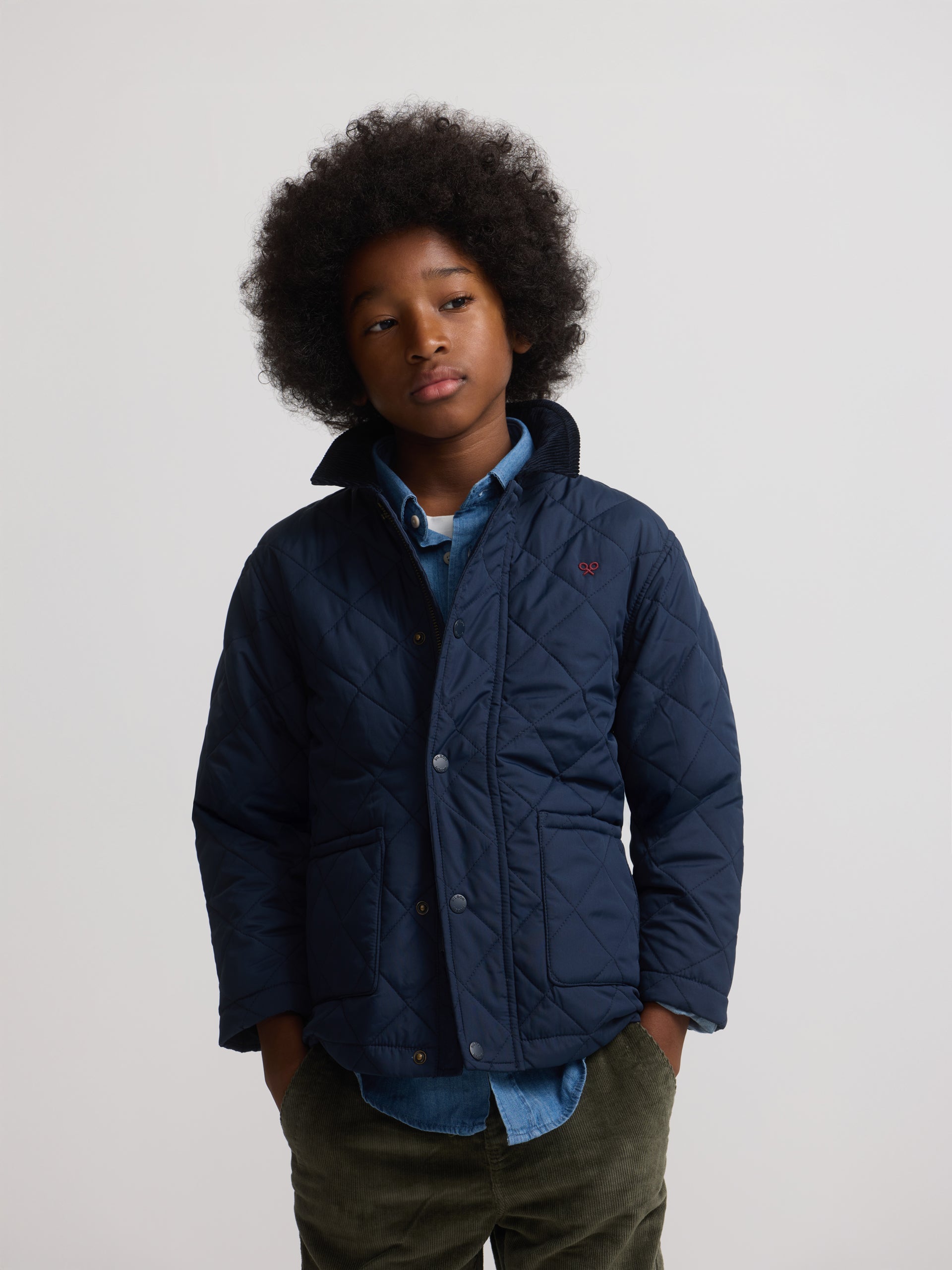 Kids' padded coat with navy blue corduroy collar | Silbon English