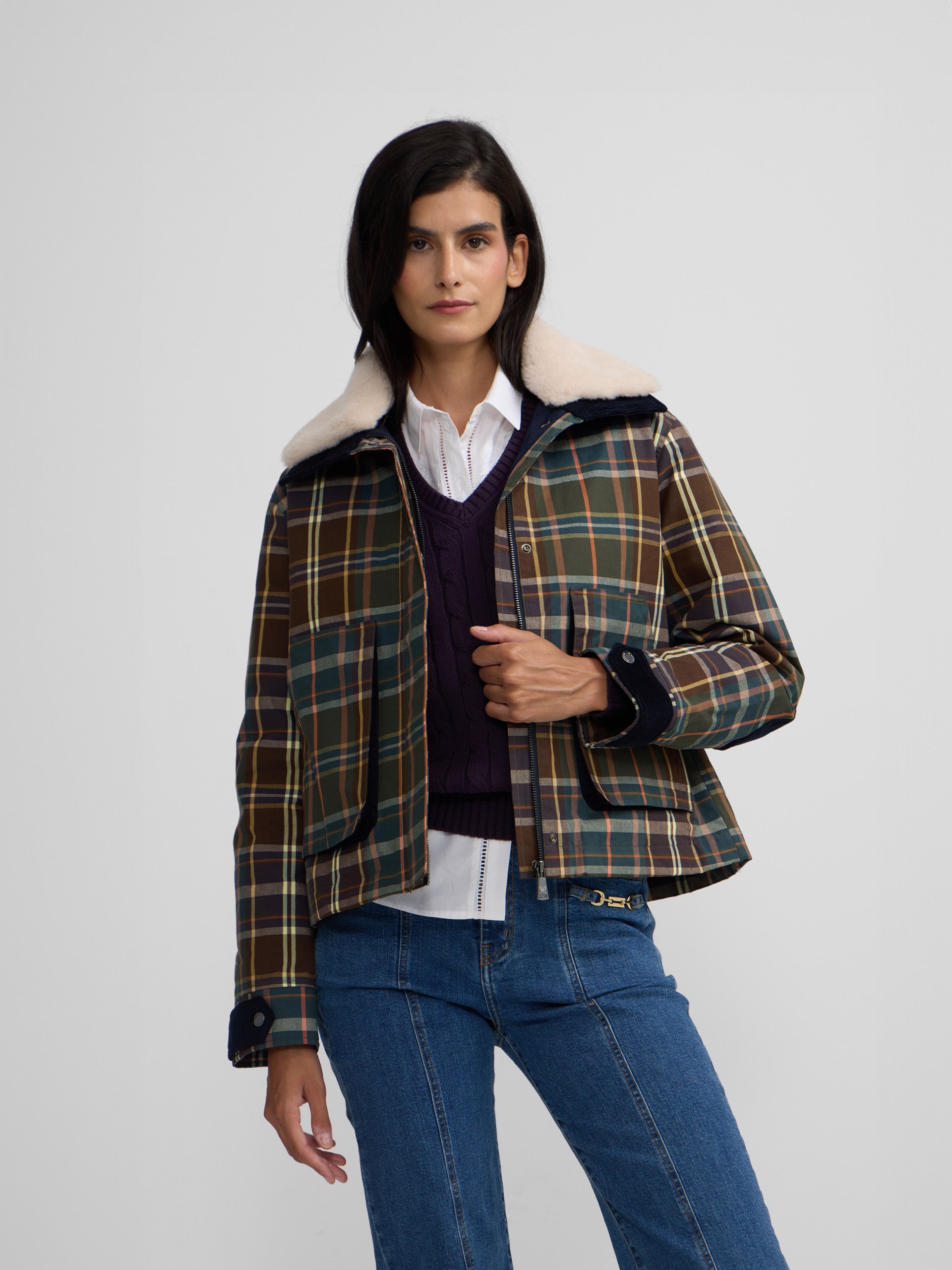 Veste en peau de mouton cirée à carreaux verts