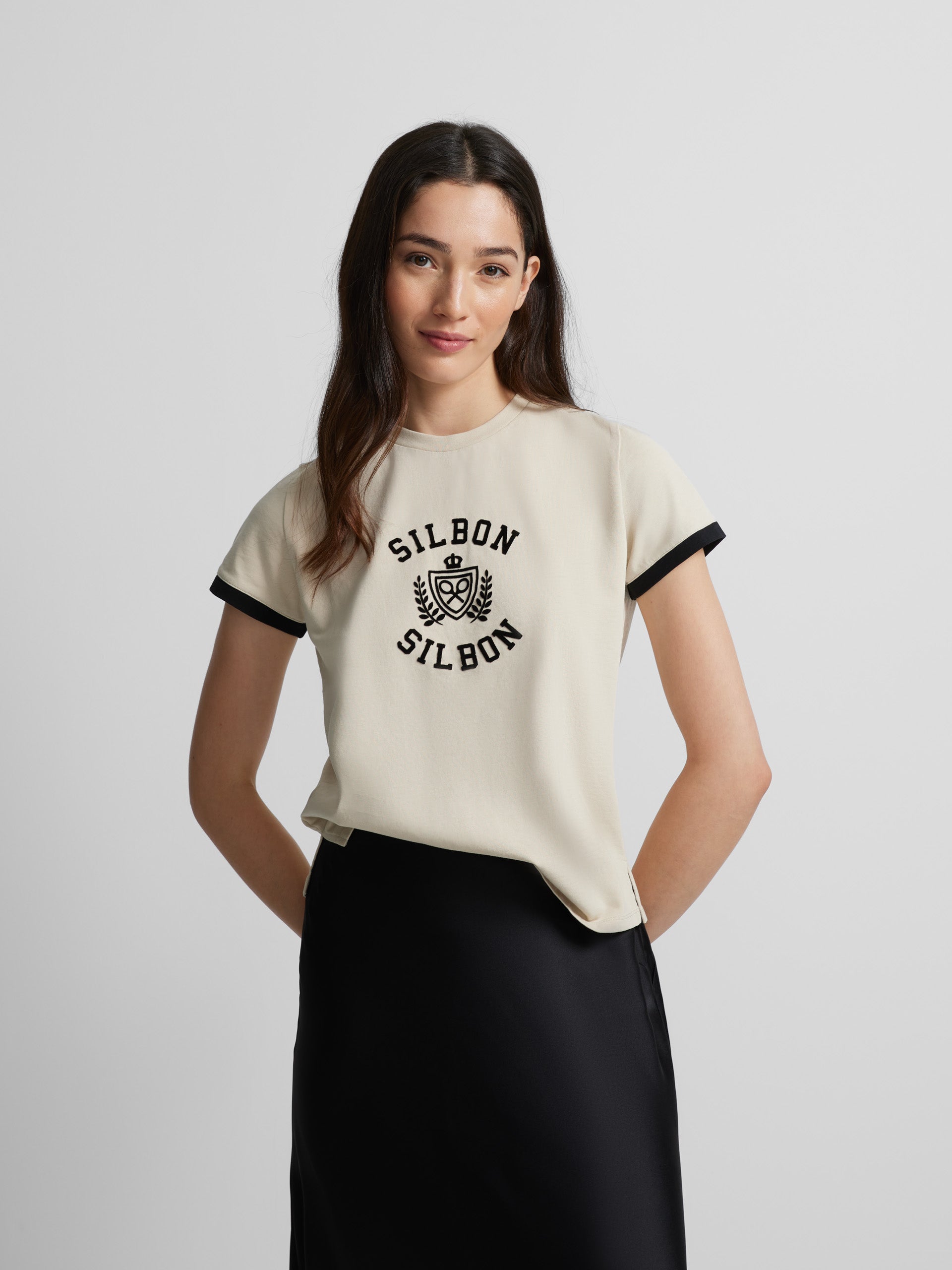 Women's beige shield t-shirt