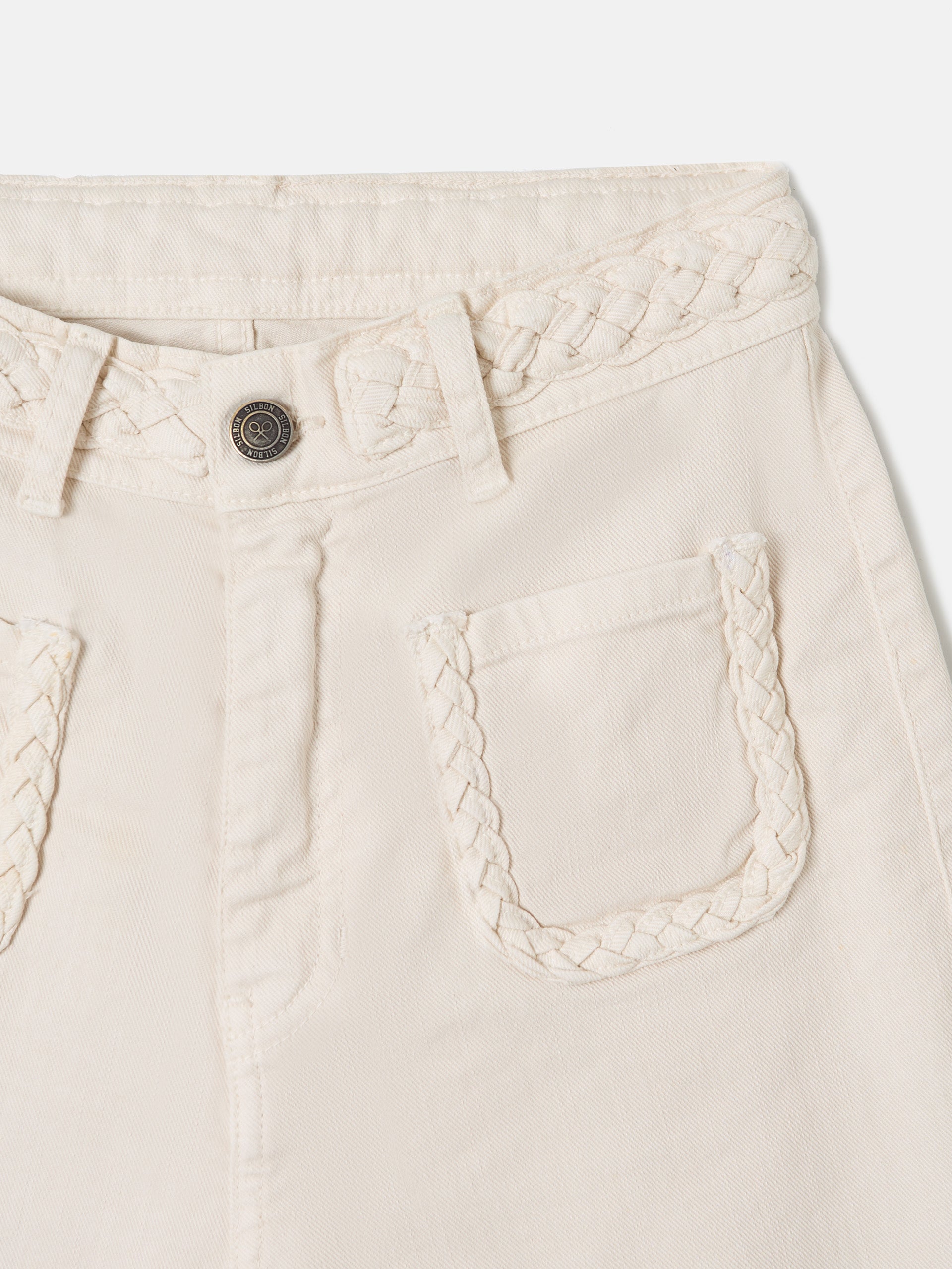 Pantalon flare detalle trenza crudo